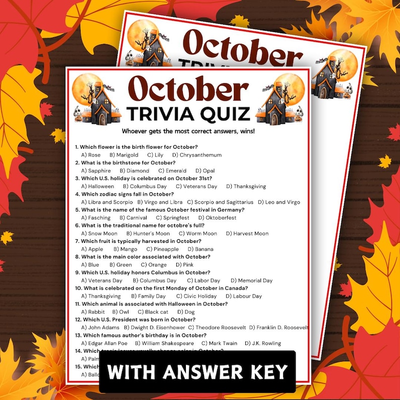 October Trivia Game, Autumn Trivia Quiz, Fall Party Game, Printable ...