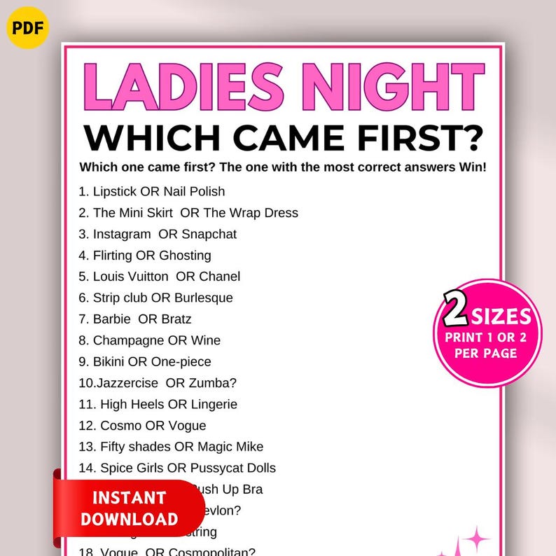 Which Came First Trivia Game, Printable Ladies Night Party Games ...