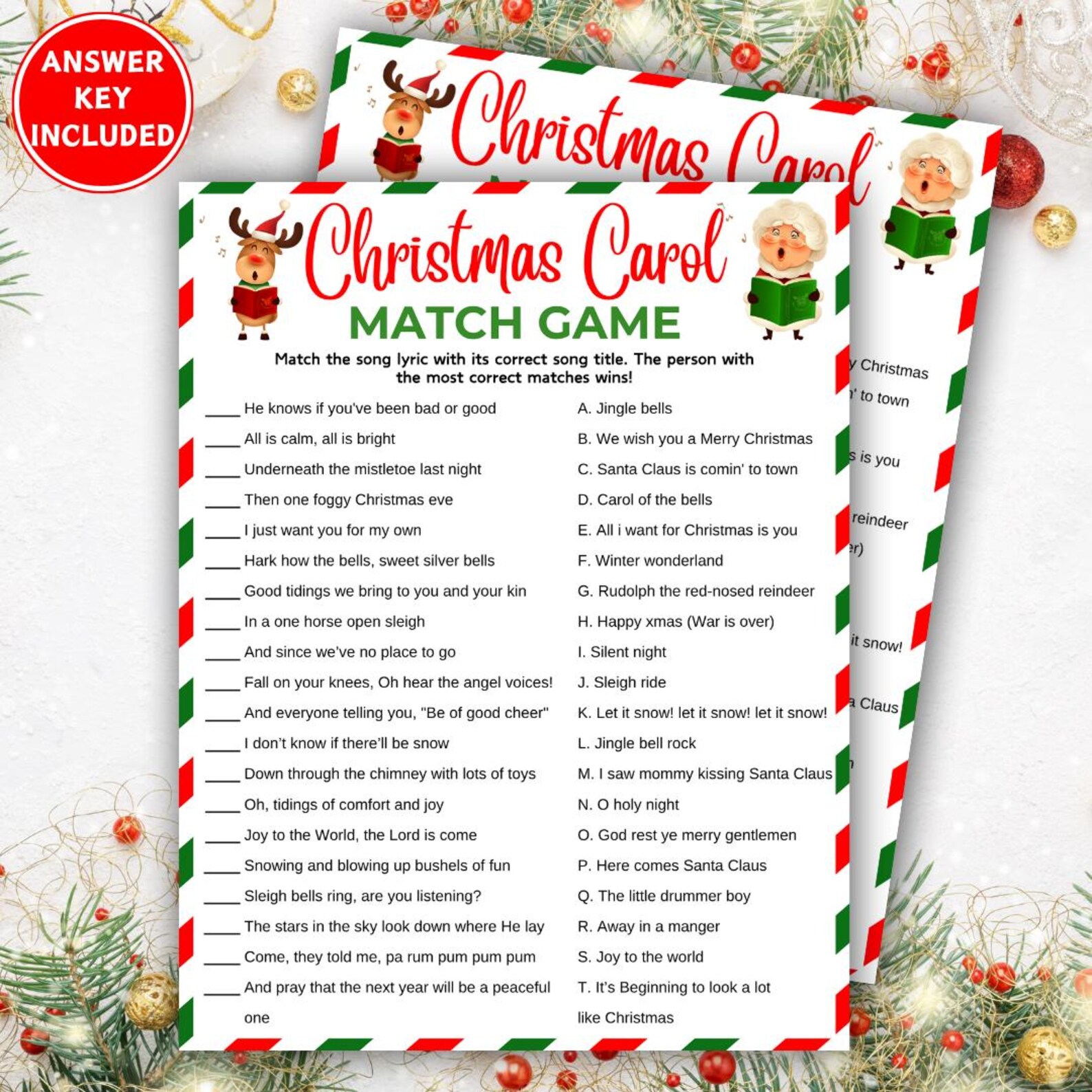 Christmas Carol Game, Printable Christmas Game, Christmas Song Trivia ...