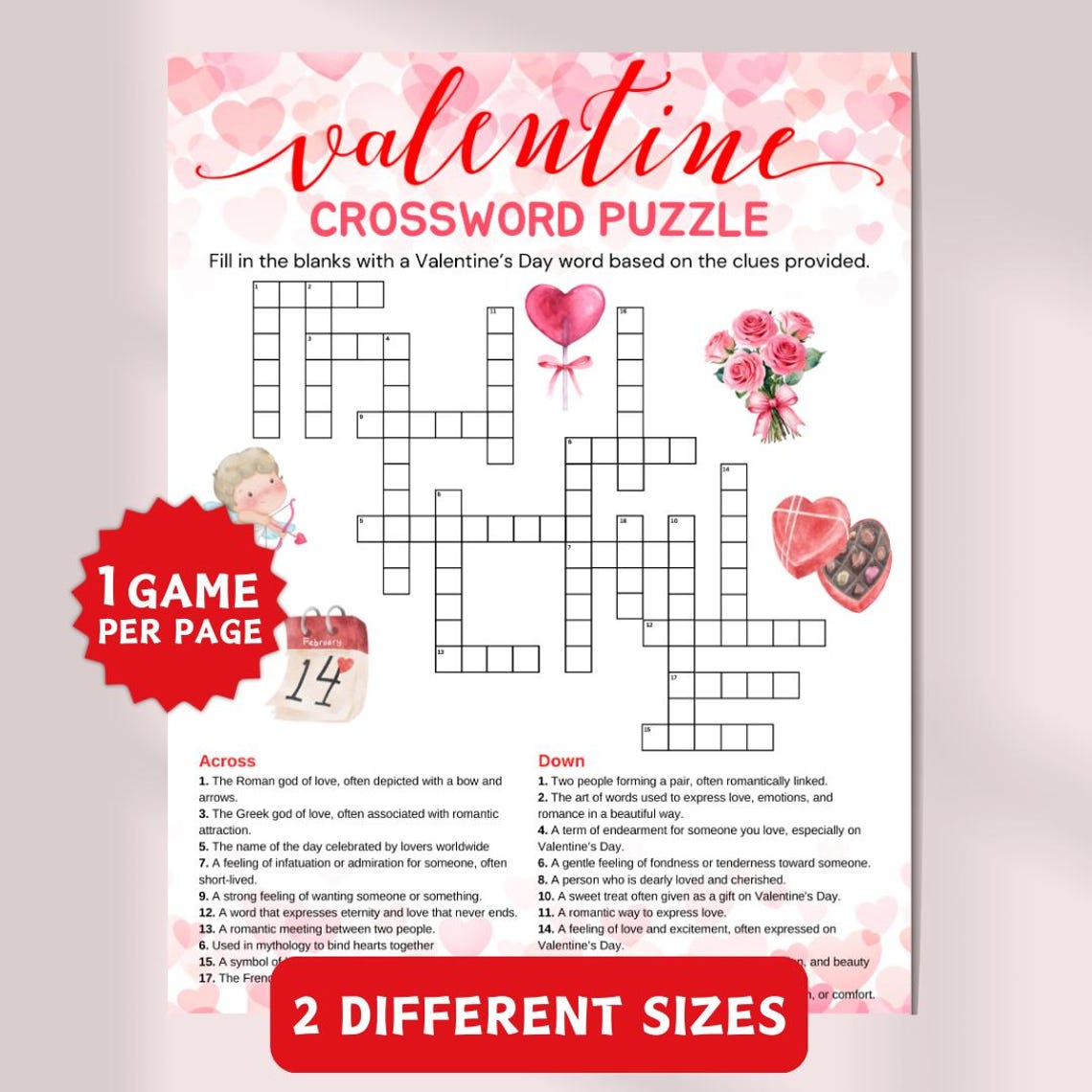 Printable Valentines Day Crossword Puzzle, Valentine Party Game for ...