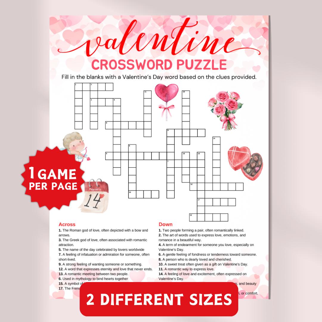 Printable Valentines Day Crossword Puzzle, Valentine Party Game for ...