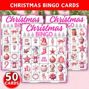 50 Christmas Bingo Cards, Pink Christmas Bingo Game, Christmas Party ...