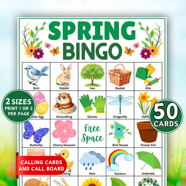 50 Spring Bingo Cards, Printable Spring Bingo, Spring Party Game ...