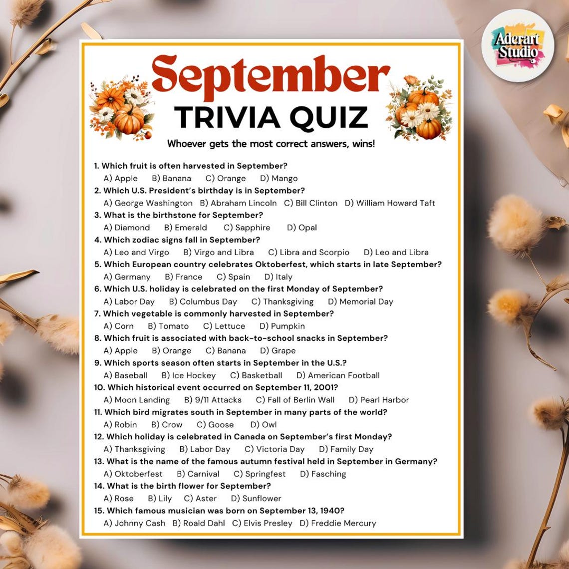September Trivia Game, Fall Trivia Quiz, Autumn Party Game, Month ...