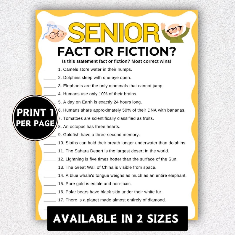 Fact or Fiction Game, Games for Senior Citizens, Elderly Games, Seniors ...