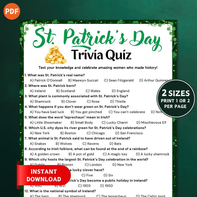 St. Patrick's Day Trivia Game, St Patrick's Day Quiz, Fun St. Paddy's ...