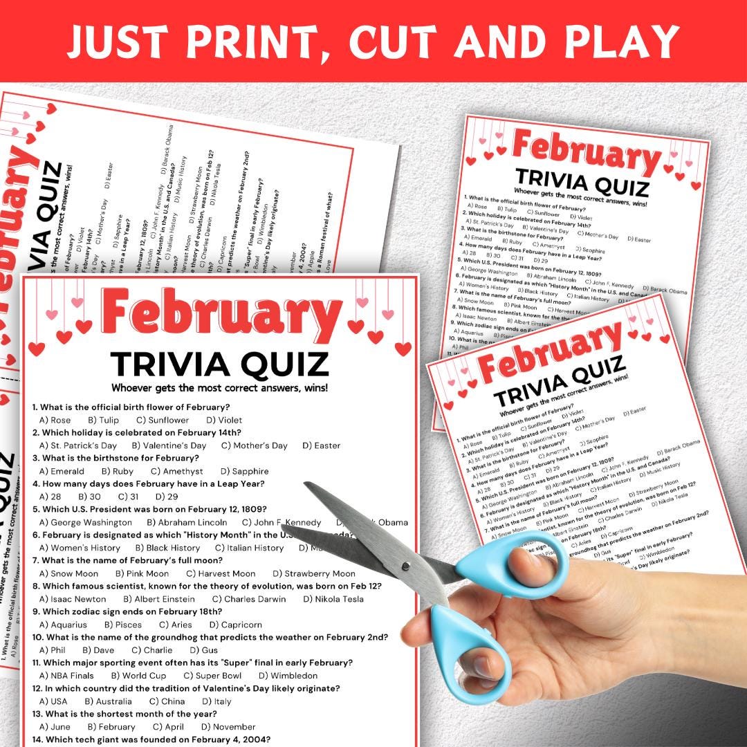 February Trivia Game, Valentines Day Trivia Quiz, Winter Season Games ...