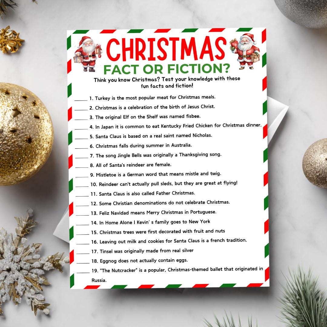 Christmas Fact or Fiction Game, Printable Holiday Trivia Party Game ...