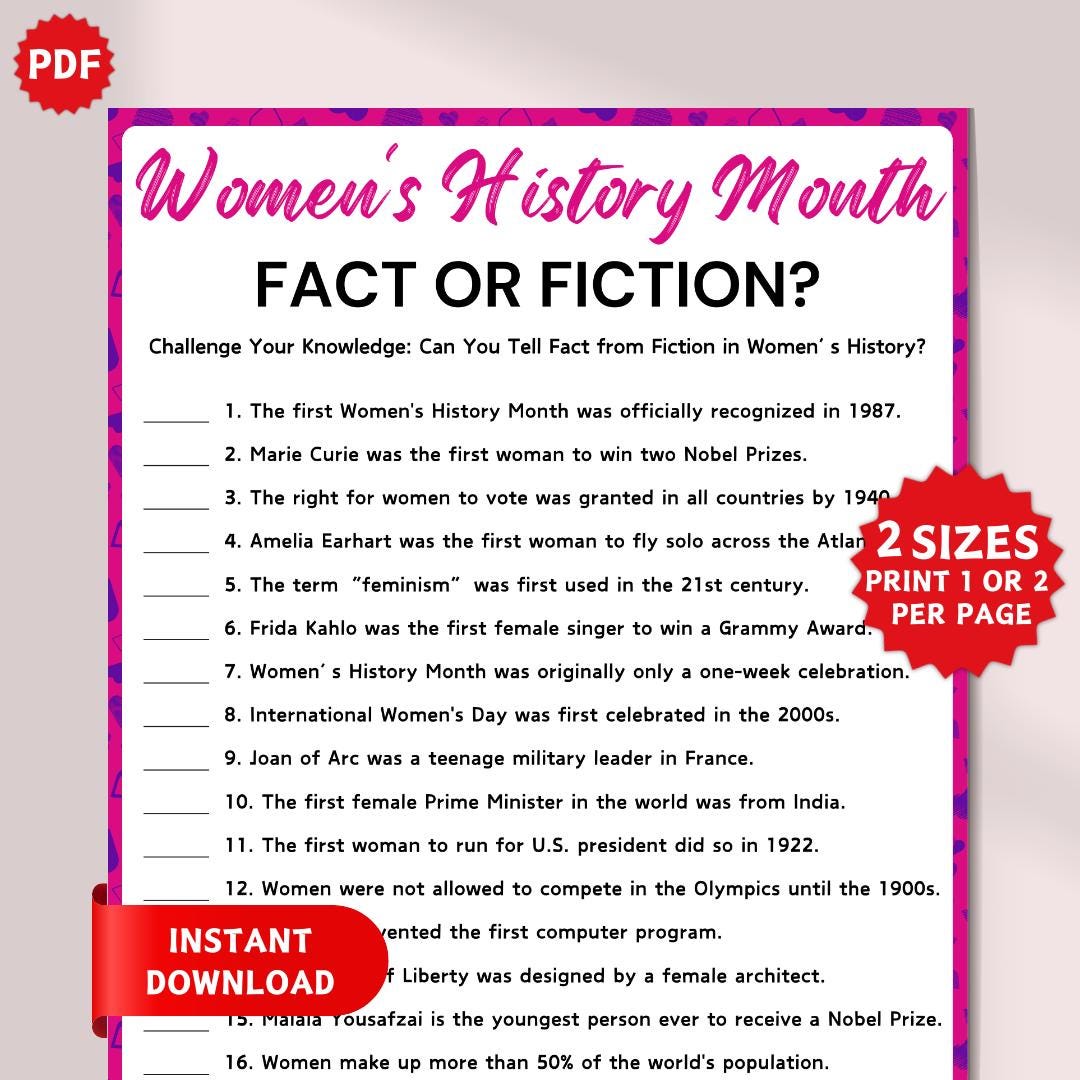 Women's History Month Fact or Fiction Game, Women's Day Quiz, Fun ...