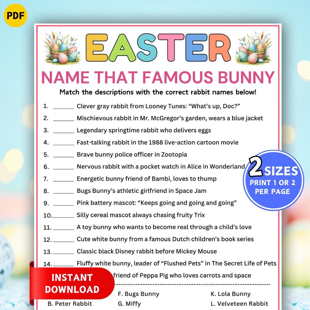 Easter Name the Famous Bunny Game, Printable Easter Game, Easter Trivia ...