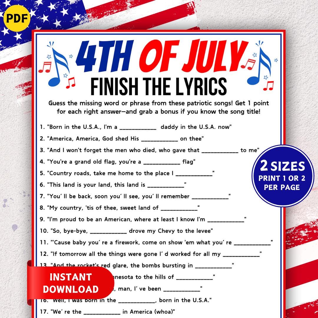4th of July Finish the Lyrics Game, Printable 4th of July Party Games ...