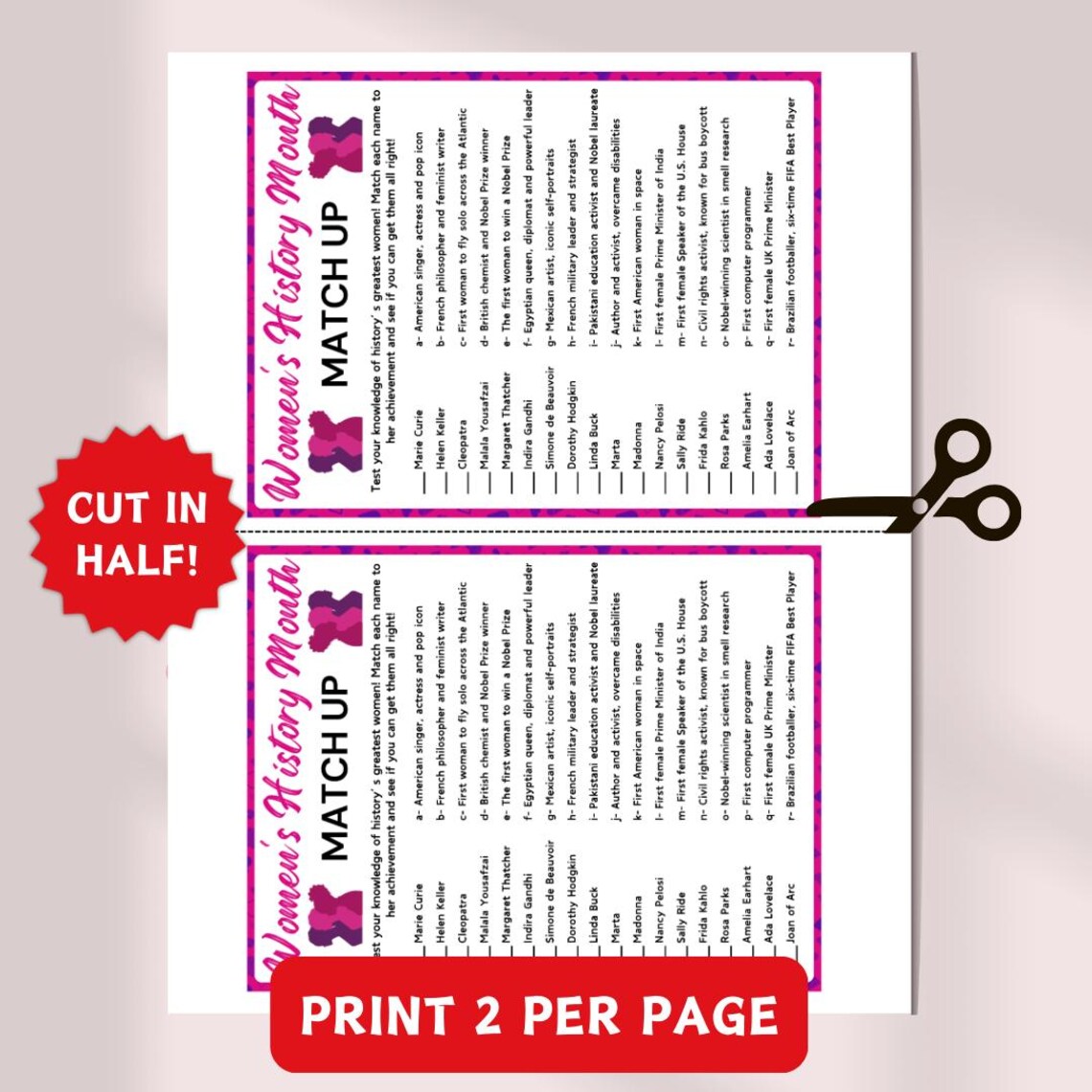 Women's History Month Match up Game, Women's Day Games, Famous Women ...