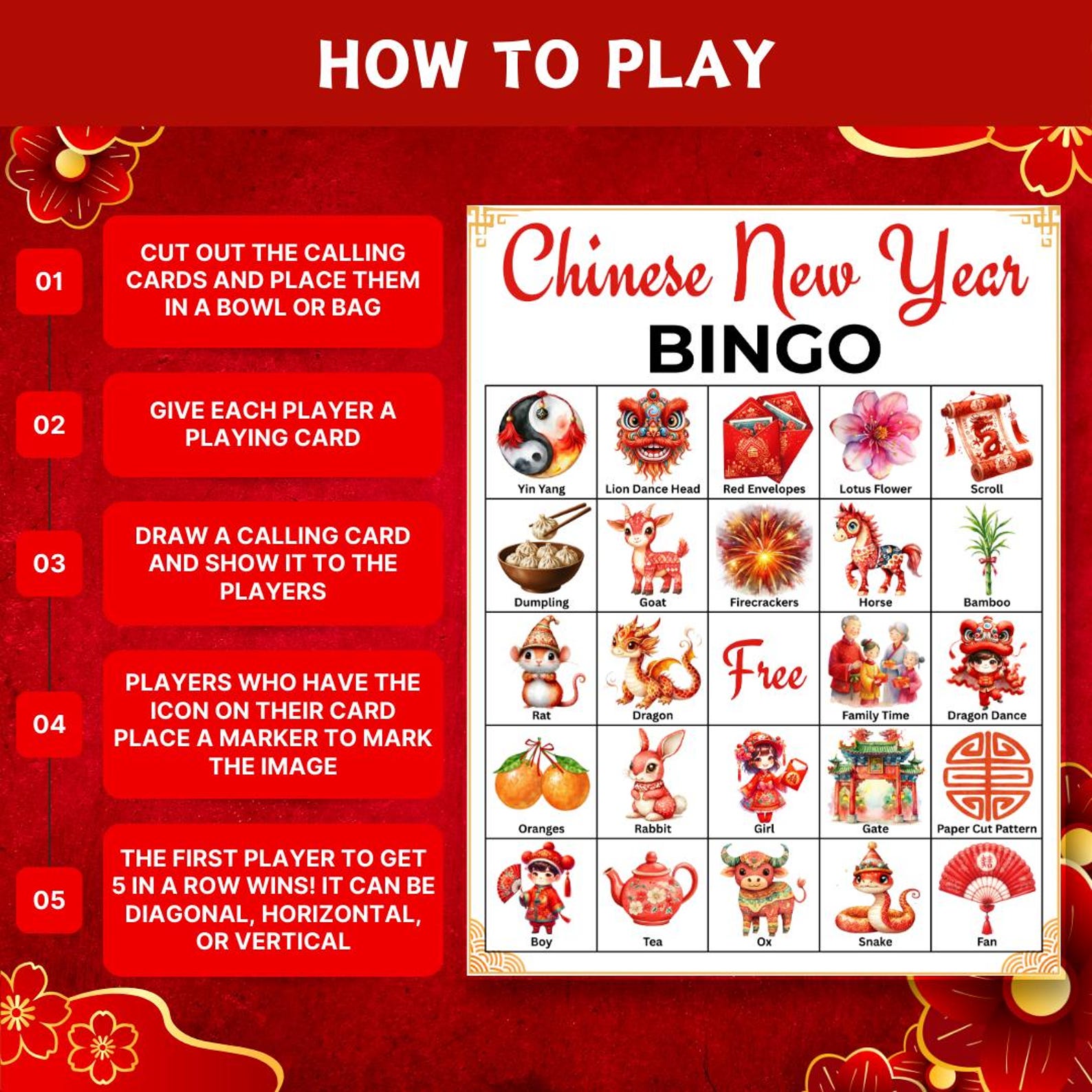 Chinese New Year Bingo, 30 Lunar New Year Bingo Cards, Printable Party ...