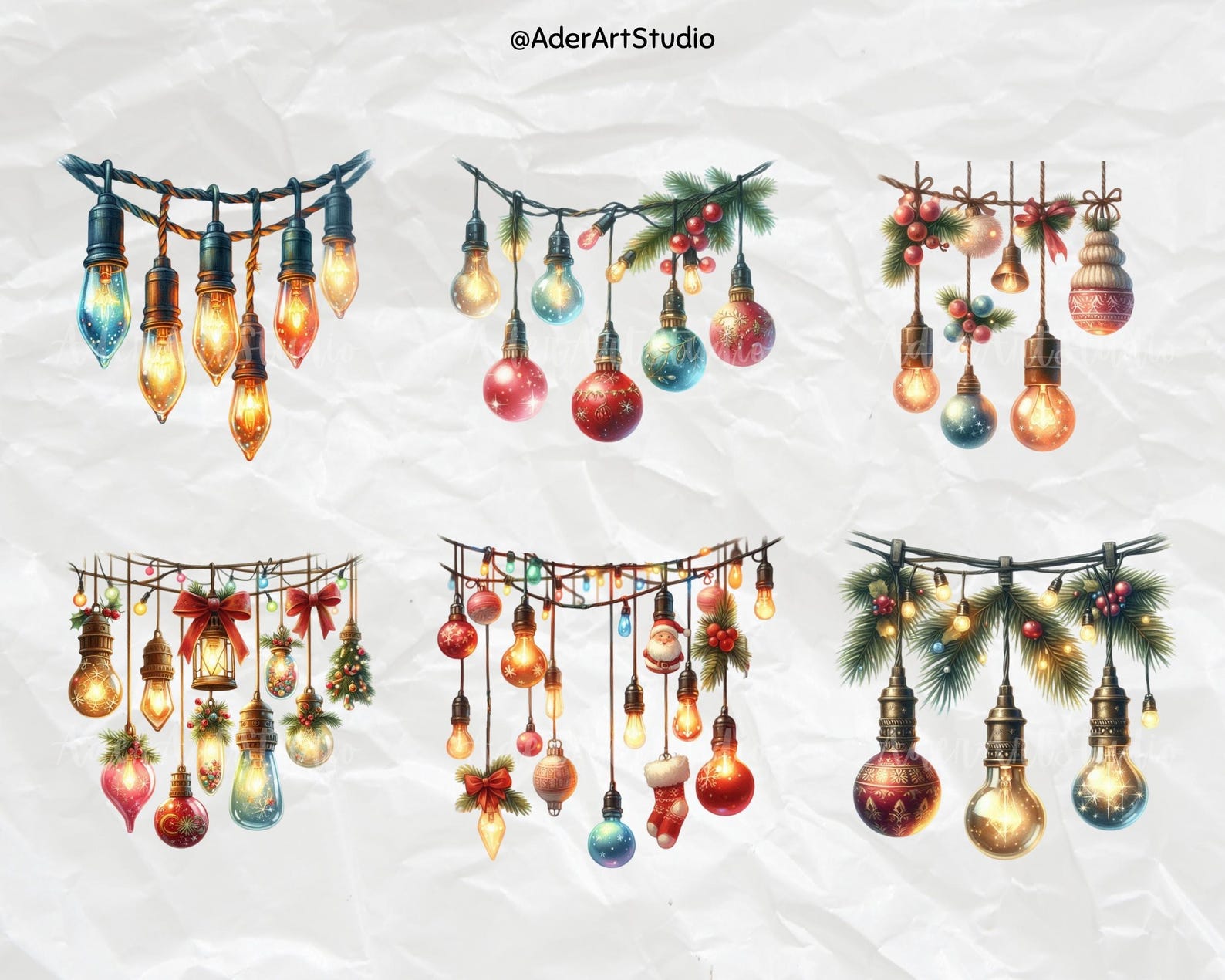 Watercolor Christmas Lights Clipart Bundle, Christmas Clipart ...