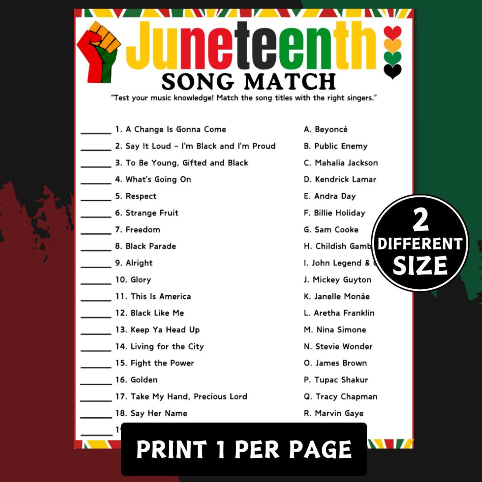 Juneteenth Song Match up Game, Printable Juneteenth Music Quiz, Match ...