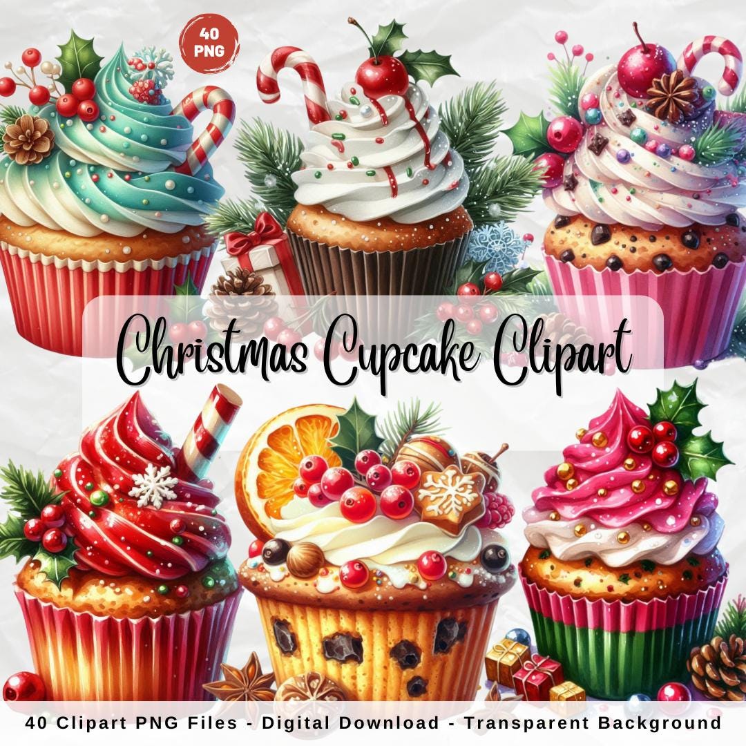 Watercolor Christmas Cupcakes Clipart Bundle, Cupcake Clipart ...