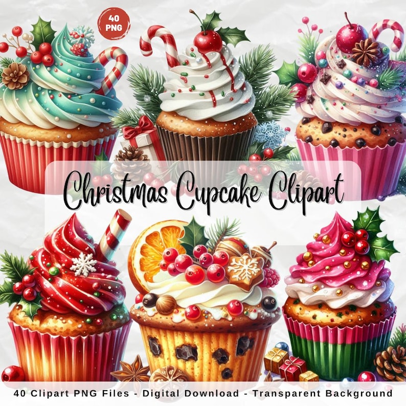 Watercolor Christmas Cupcakes Clipart Bundle, Cupcake Clipart ...