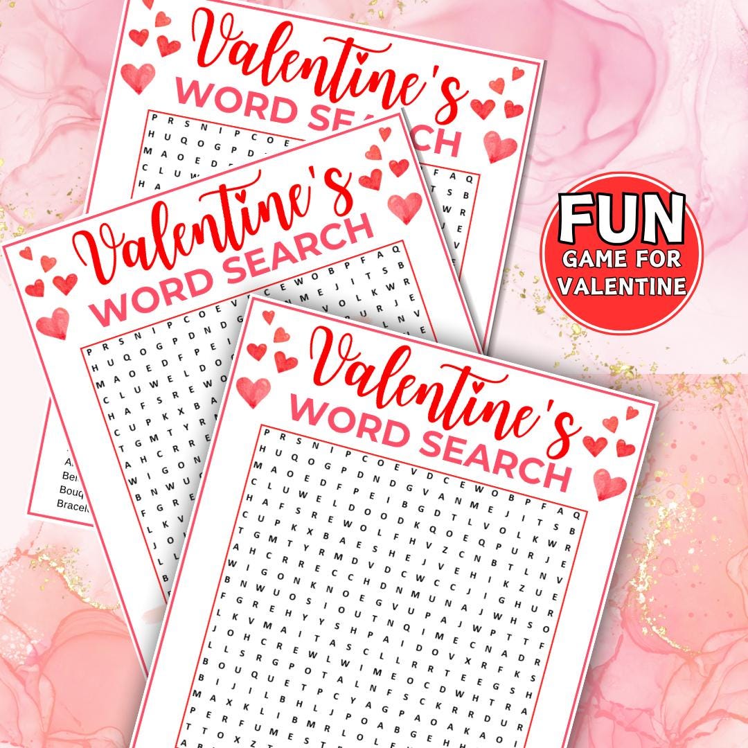 Valentine's Day Word Search Puzzle Printable, Valentine Party Game ...