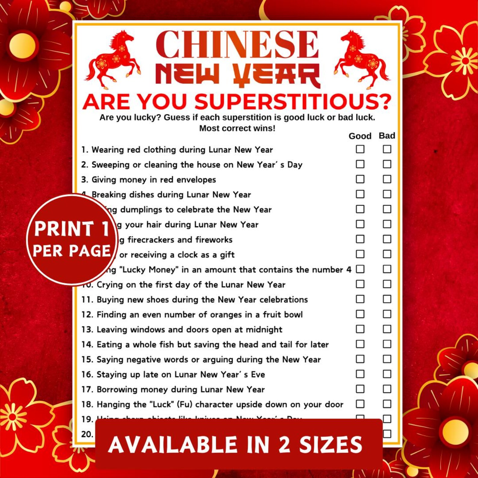 Chinese New Year Superstitions Game, Lunar New Year Printable, Party ...