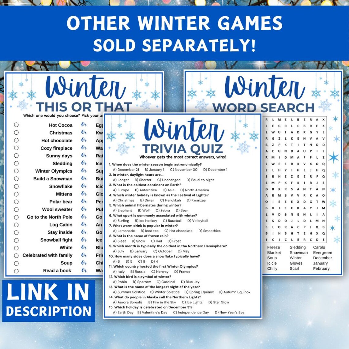 Winter Think Fast Game! Printable Winter Games, Think Quick Trivia Game ...