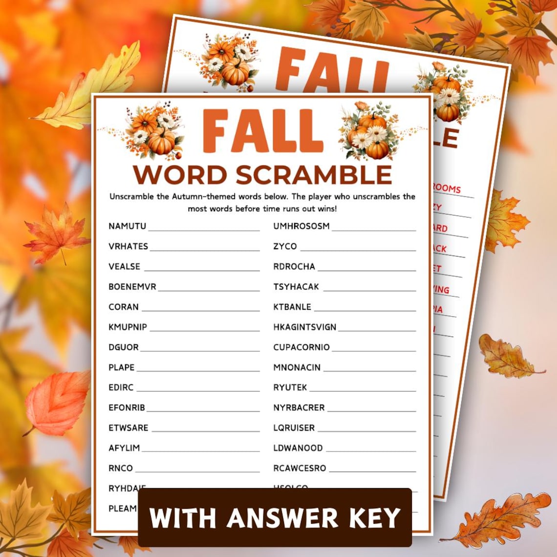 Fall Word Scramble Game, Printable Autumn Game, Fun Activity Word Games ...