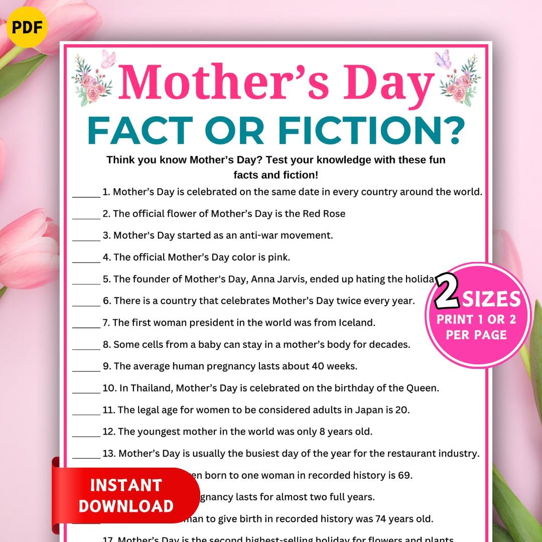 Mother's Day Fact or Fiction Game, Printable Mothers Day Party Games ...
