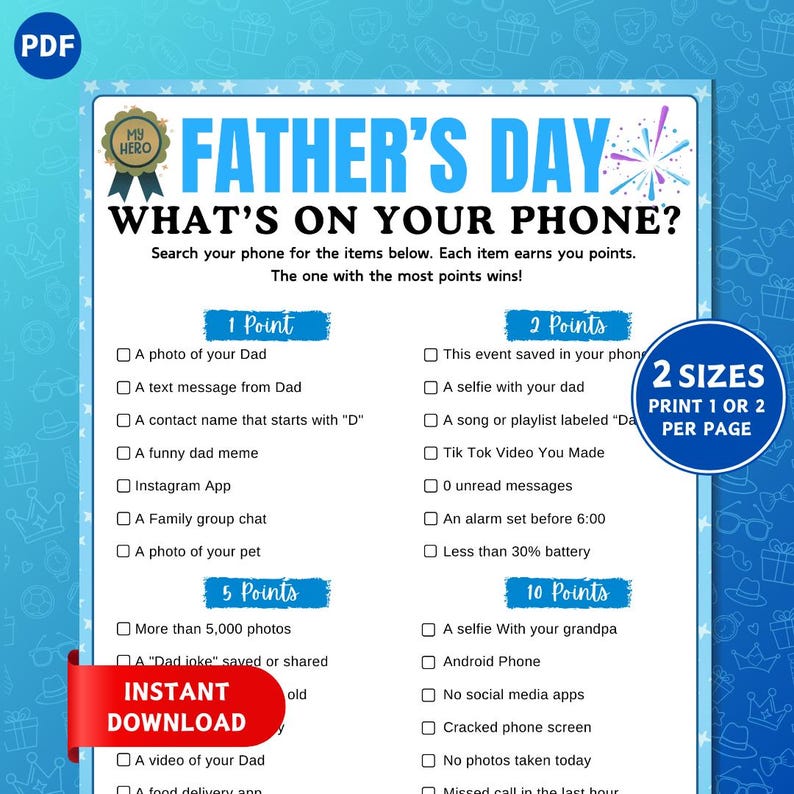 Father's Day What's on Your Phone Game, Printable Fathers Day Party ...