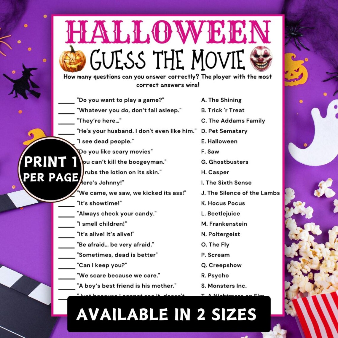 Halloween Guess the Movie Game, Movie Guessing Game, Halloween Party ...