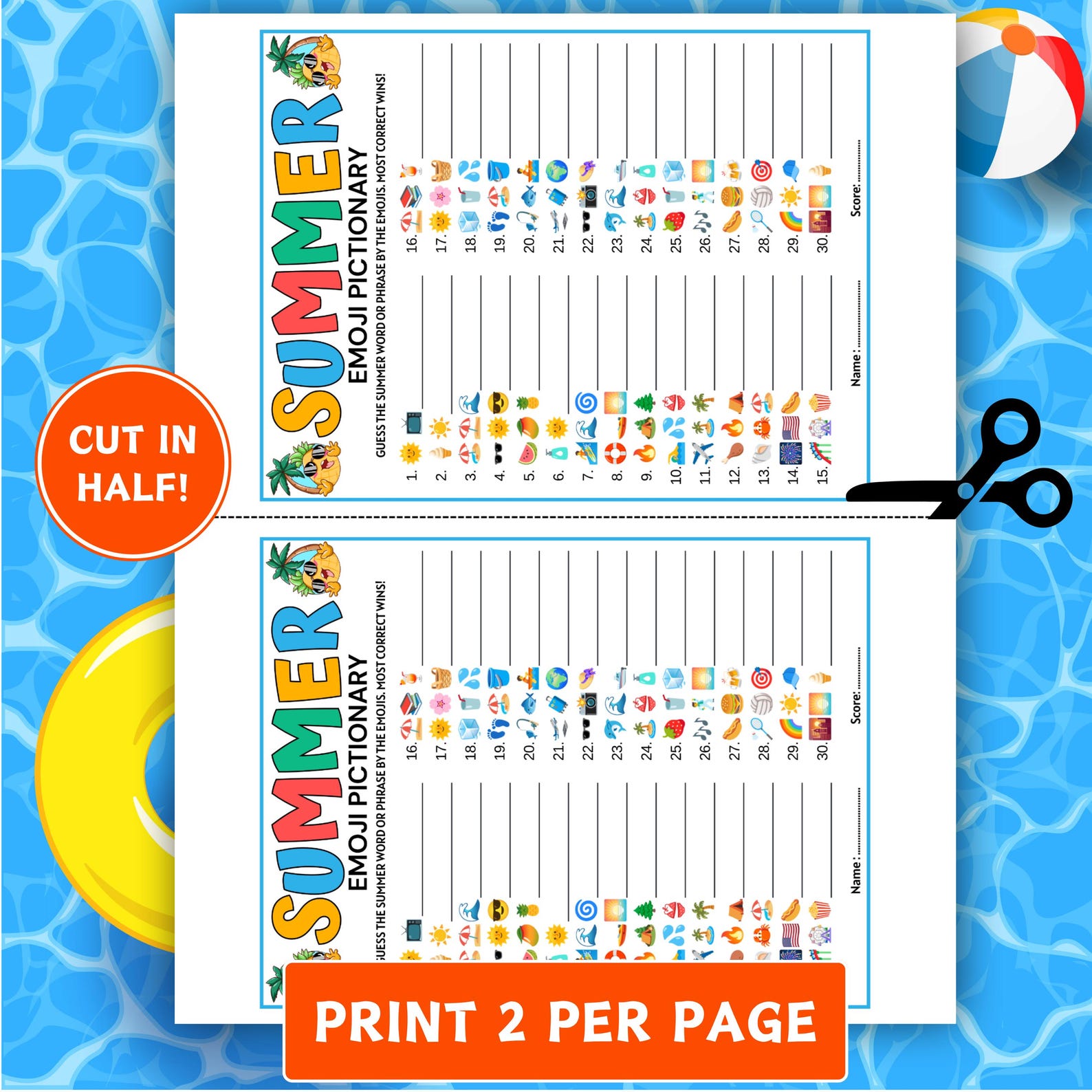 Summer Emoji Game, Printable Summer Emoji Pictionary, Trivia Game ...
