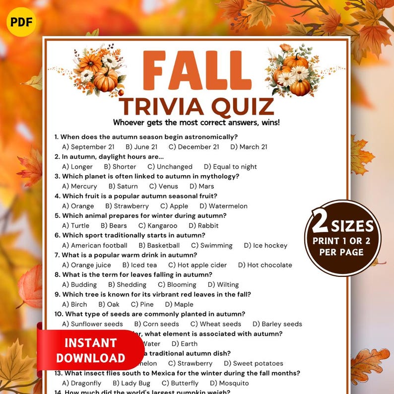 Fall Trivia Game, Autumn Trivia Quiz, Printable Autumn Game, Fall Party ...