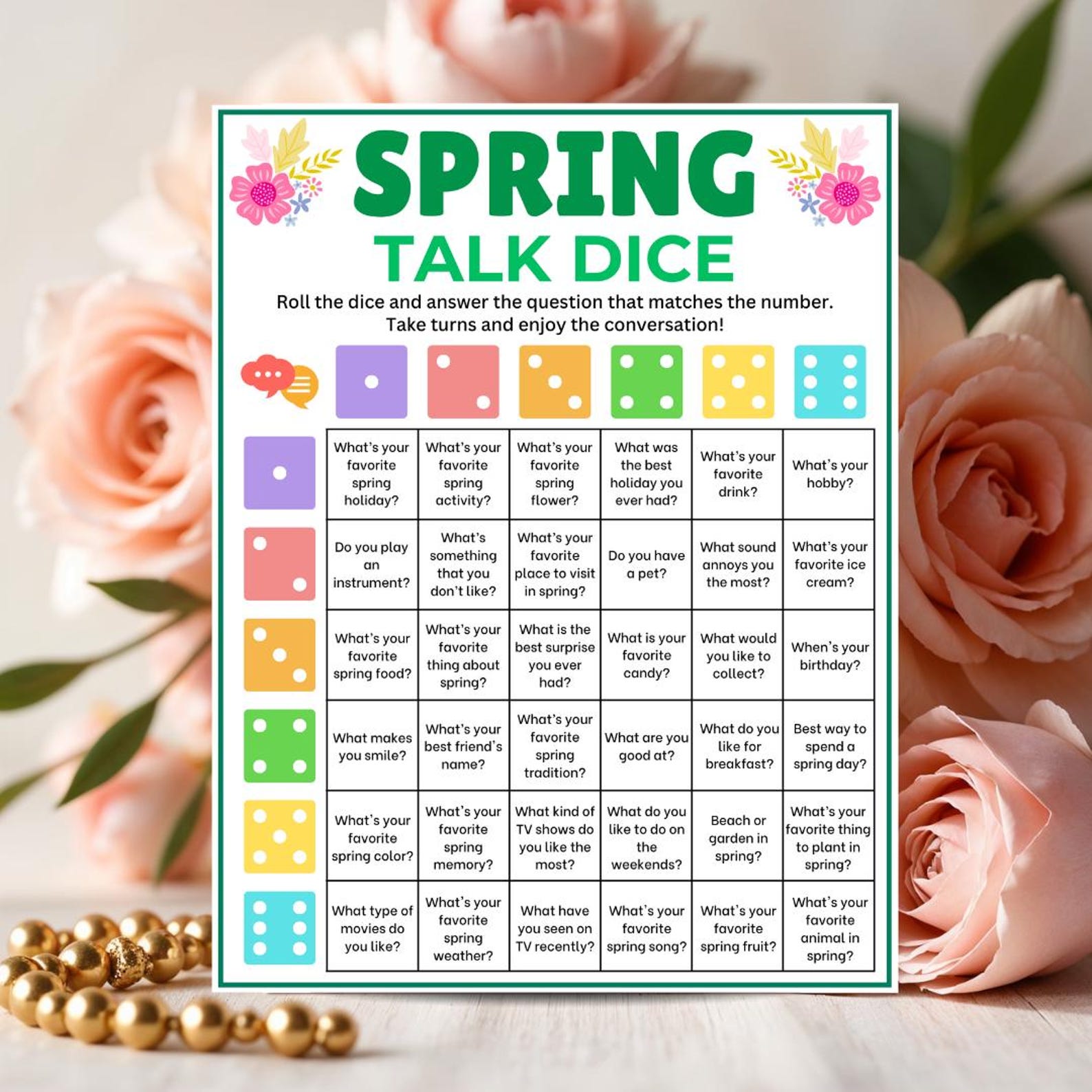 Spring Table Talk Dice, Dicebreaker Roll and Tell Game, Conversation ...