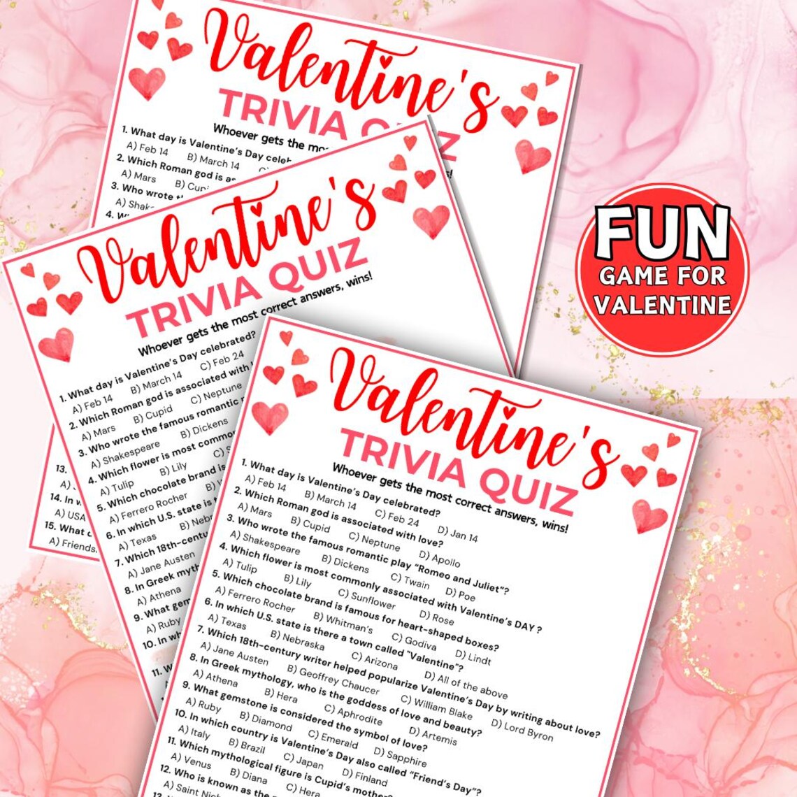 Valentine's Day Trivia Game, Printable Valentines Day Party Game ...