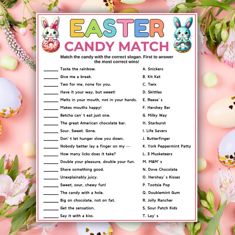 Easter Candy Match Game, Easter Party Game, Candy Slogan Trivia Game ...
