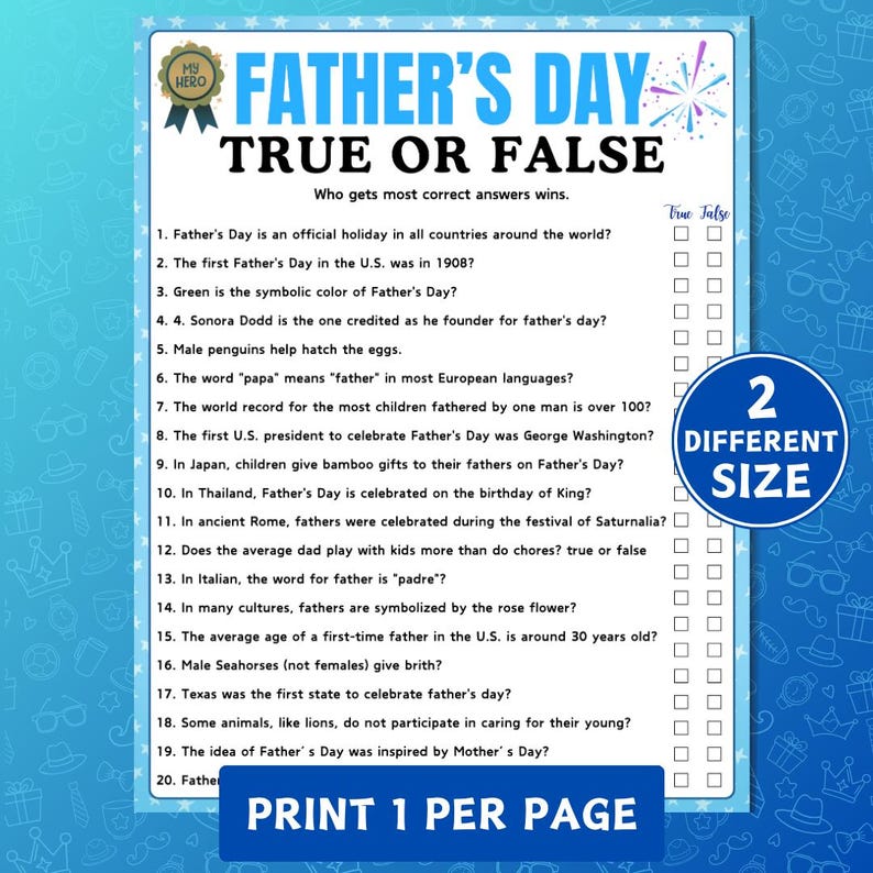 True or False Father's Day Game, Fathers Day Trivia Quiz, True or False ...