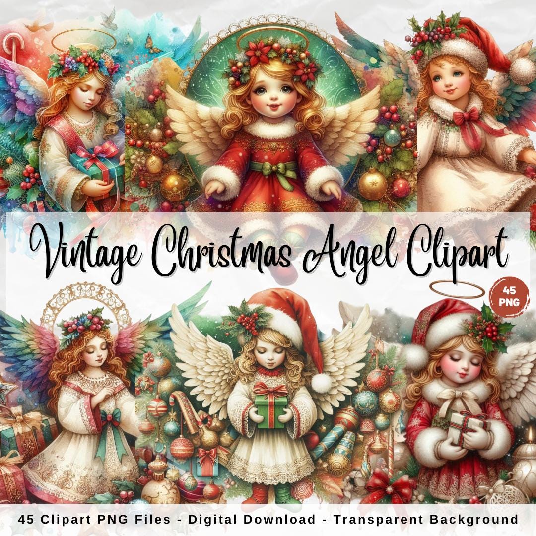 Vintage Angel Christmas Clipart Bundle, Angel Christmas Illustration ...