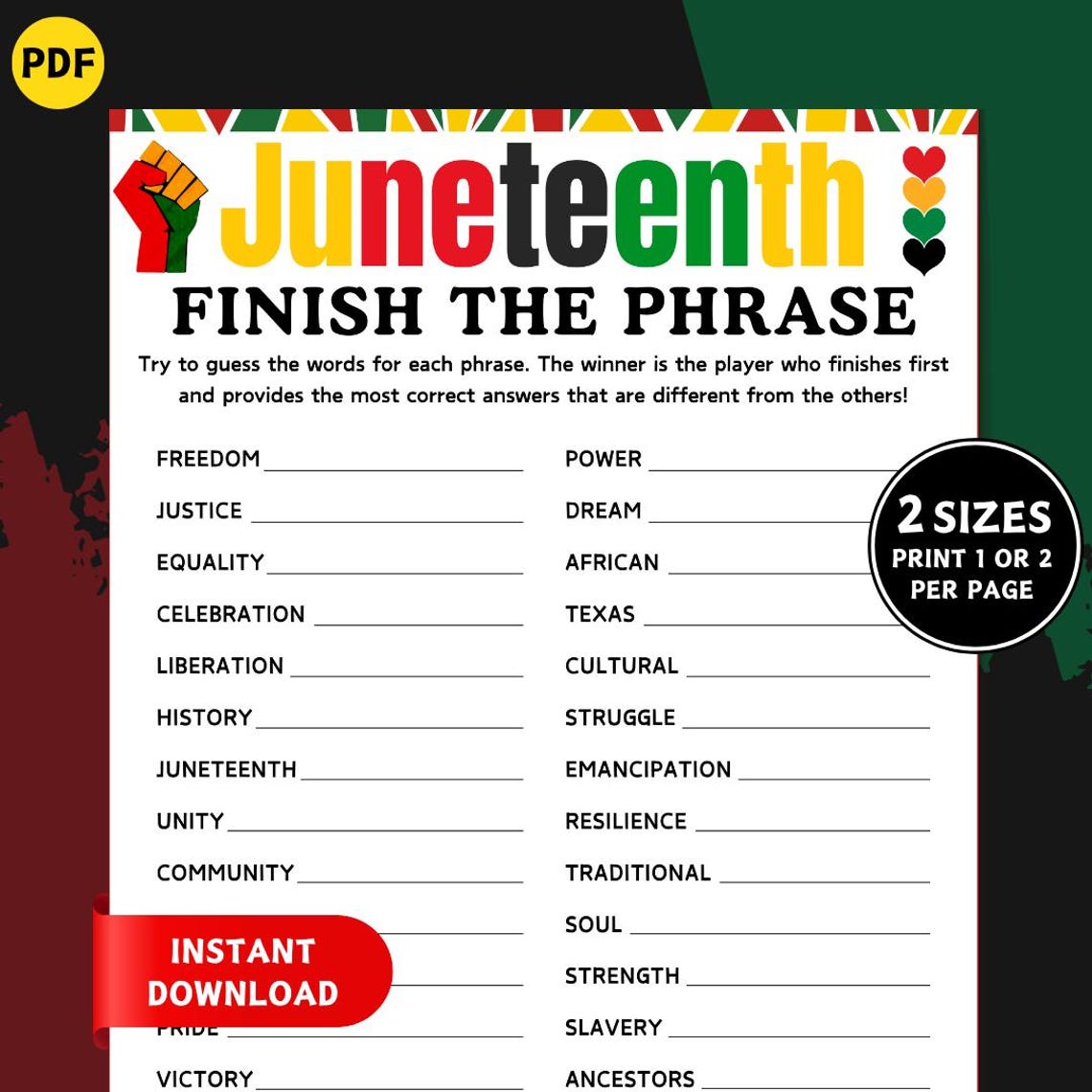 Juneteenth Finish the Phrase Game, Printable Juneteenth Games, Black ...