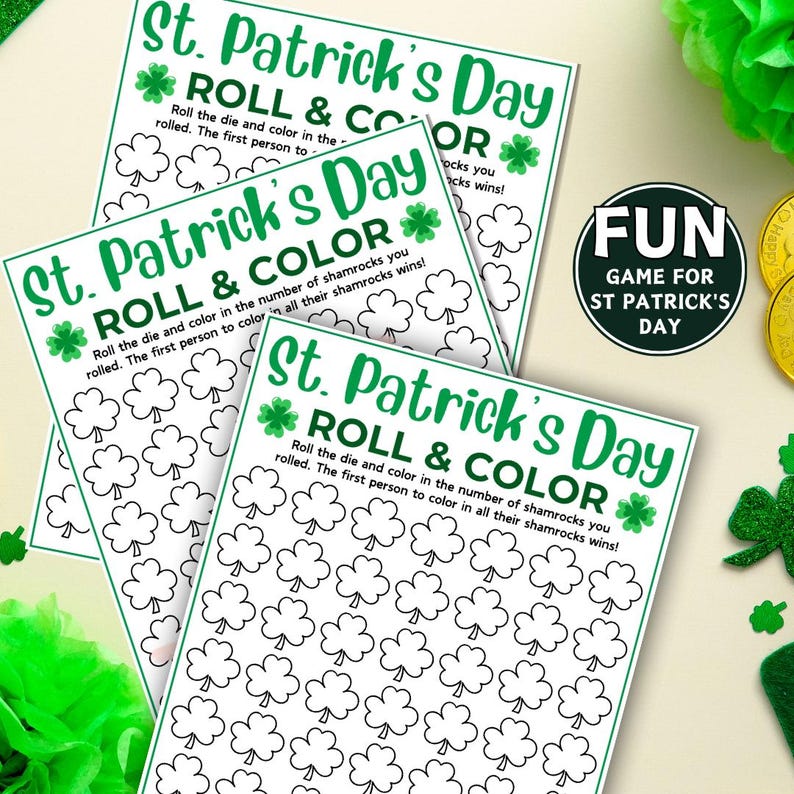 Printable St Patricks Day Roll and Color Game, St Patrick's Party Game ...