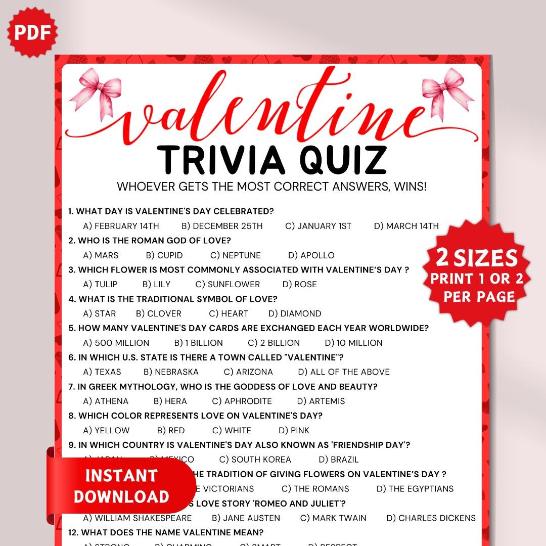 Valentine's Day Trivia Quiz Game, Printable Valentines Day Games ...