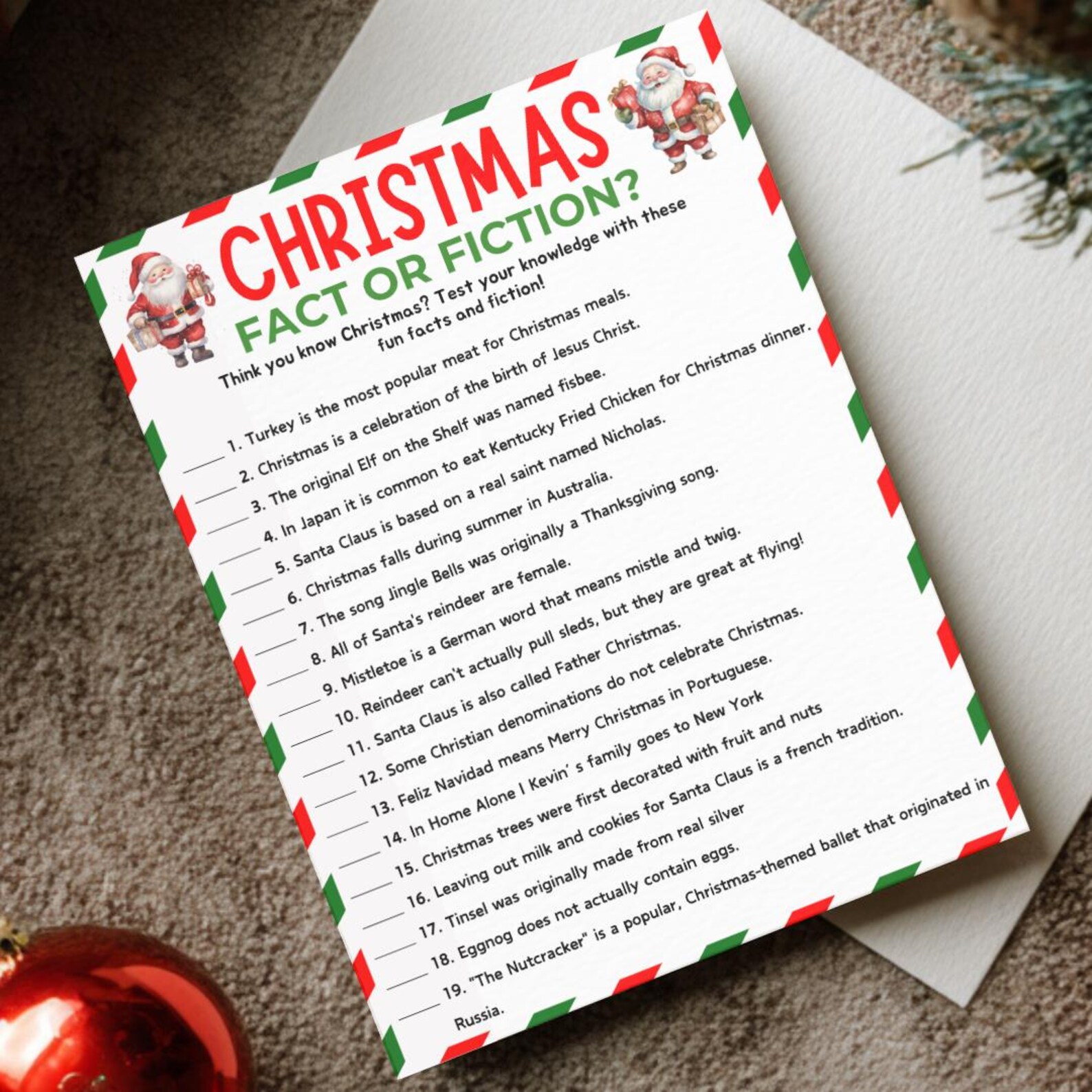 Christmas Fact or Fiction Game, Printable Holiday Trivia Party Game ...