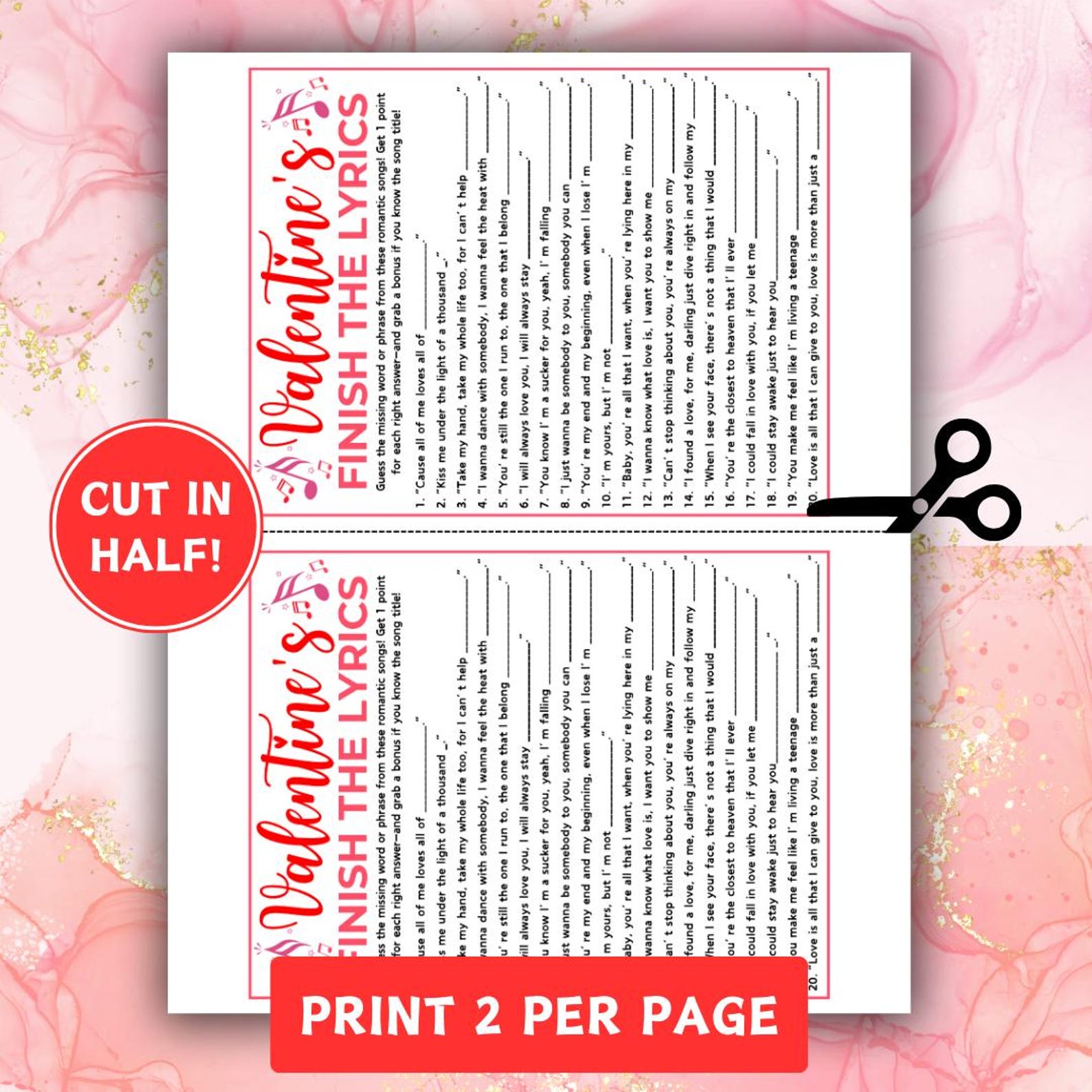 Printable Finish the Lyrics Game, Valentines Games, Valentine Party ...