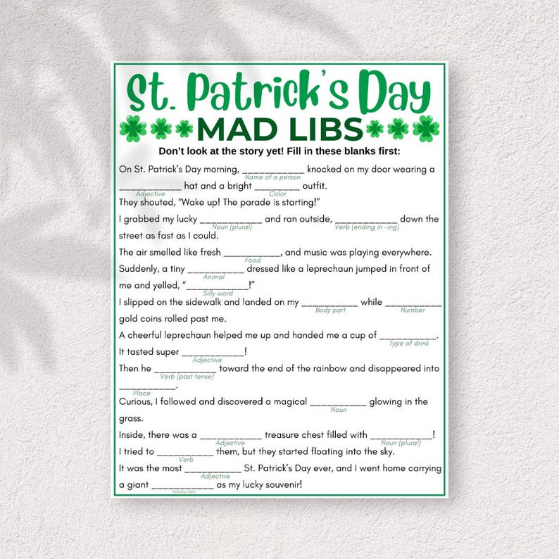 St Patricks Day Mad Libs Game, Printable Games for Kids, St Patrick's ...