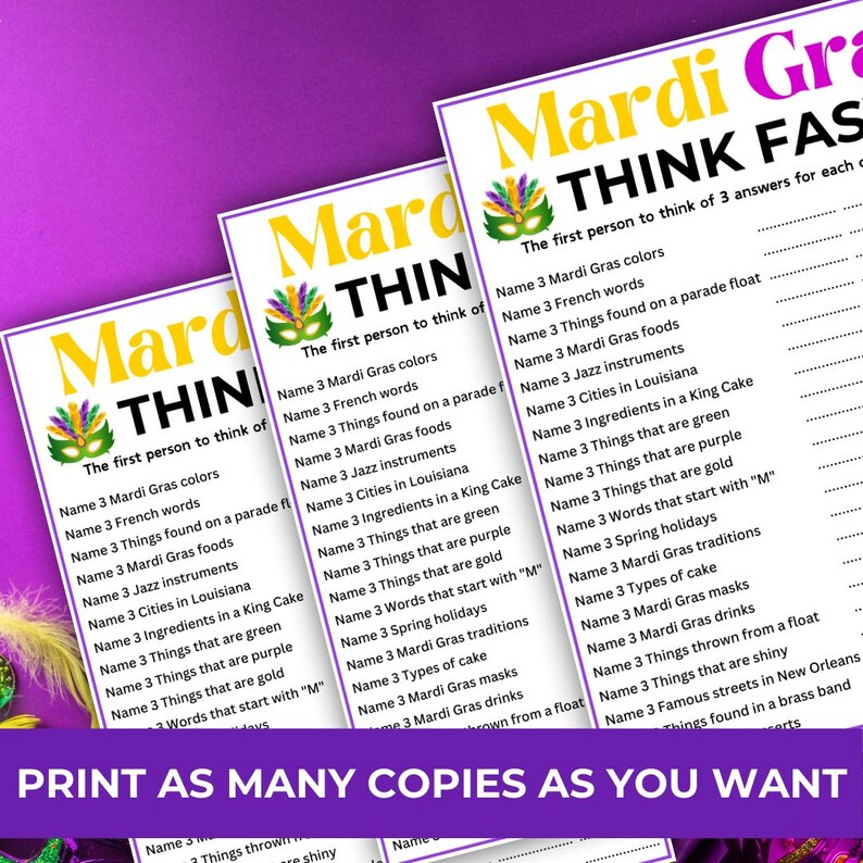 Mardi Gras Think Fast Game! Printable Mardi Gras Games, Think Quick ...