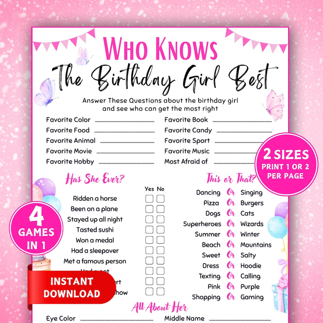 Who Knows the Birthday Girl Best, Printable Birthday Game, Teens ...