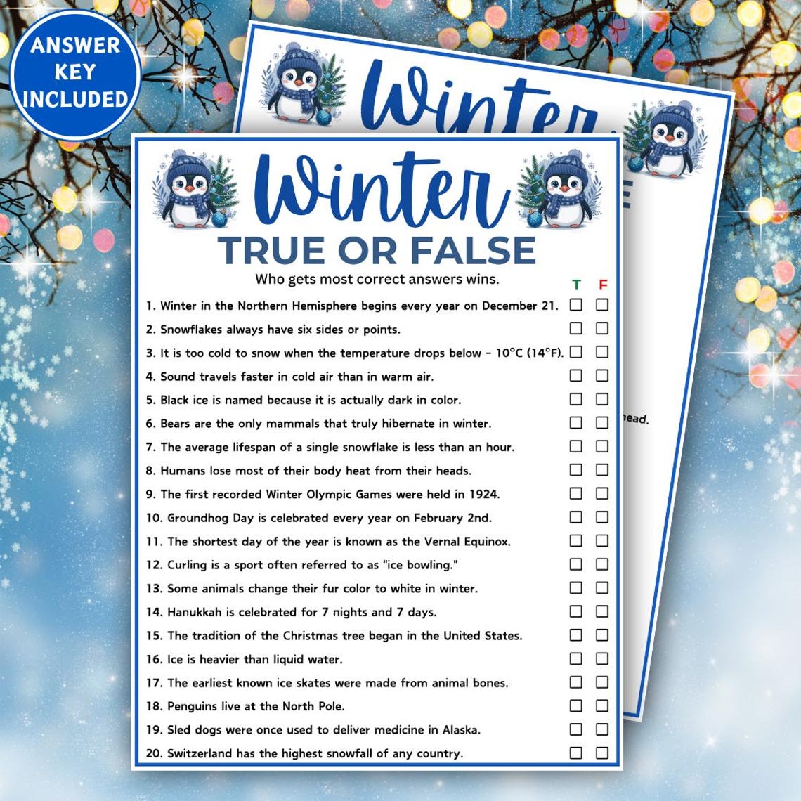 Winter True or False Game, Printable Winter Game, Winter Trivia Quiz ...