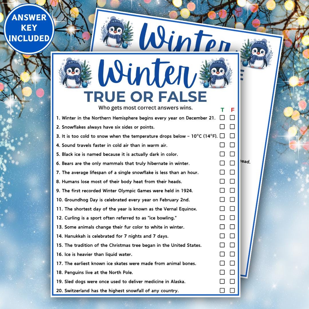 Winter True or False Game, Printable Winter Game, Winter Trivia Quiz ...