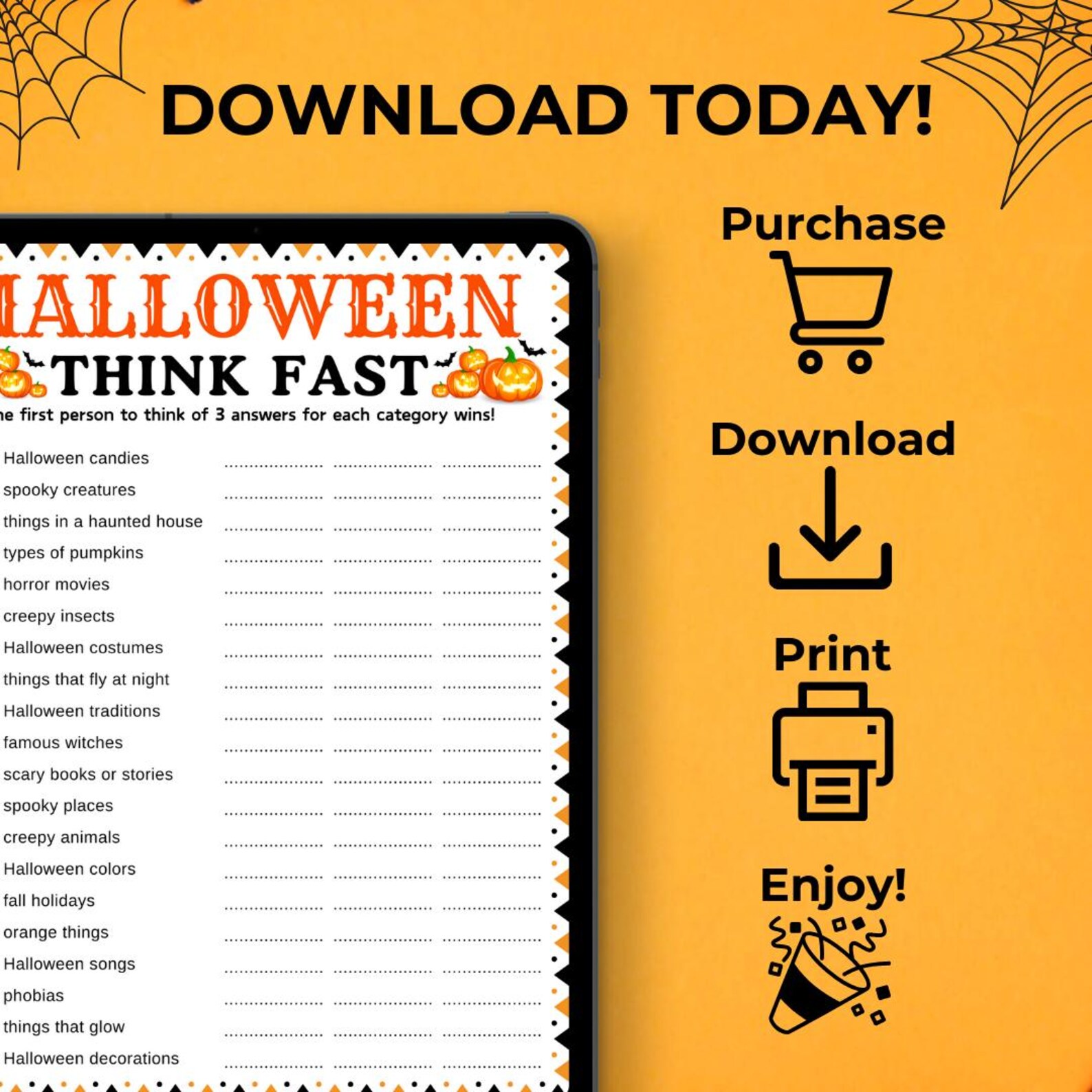 Halloween Think Fast Game! Printable Halloween Game, Think Quick Trivia ...