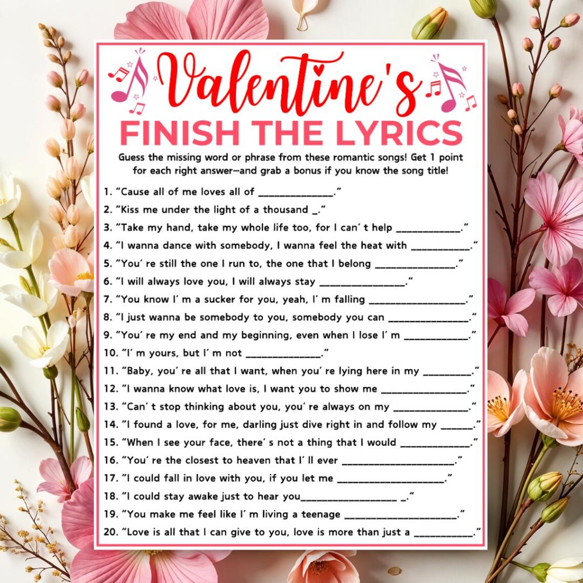 Printable Finish the Lyrics Game, Valentines Games, Valentine Party ...