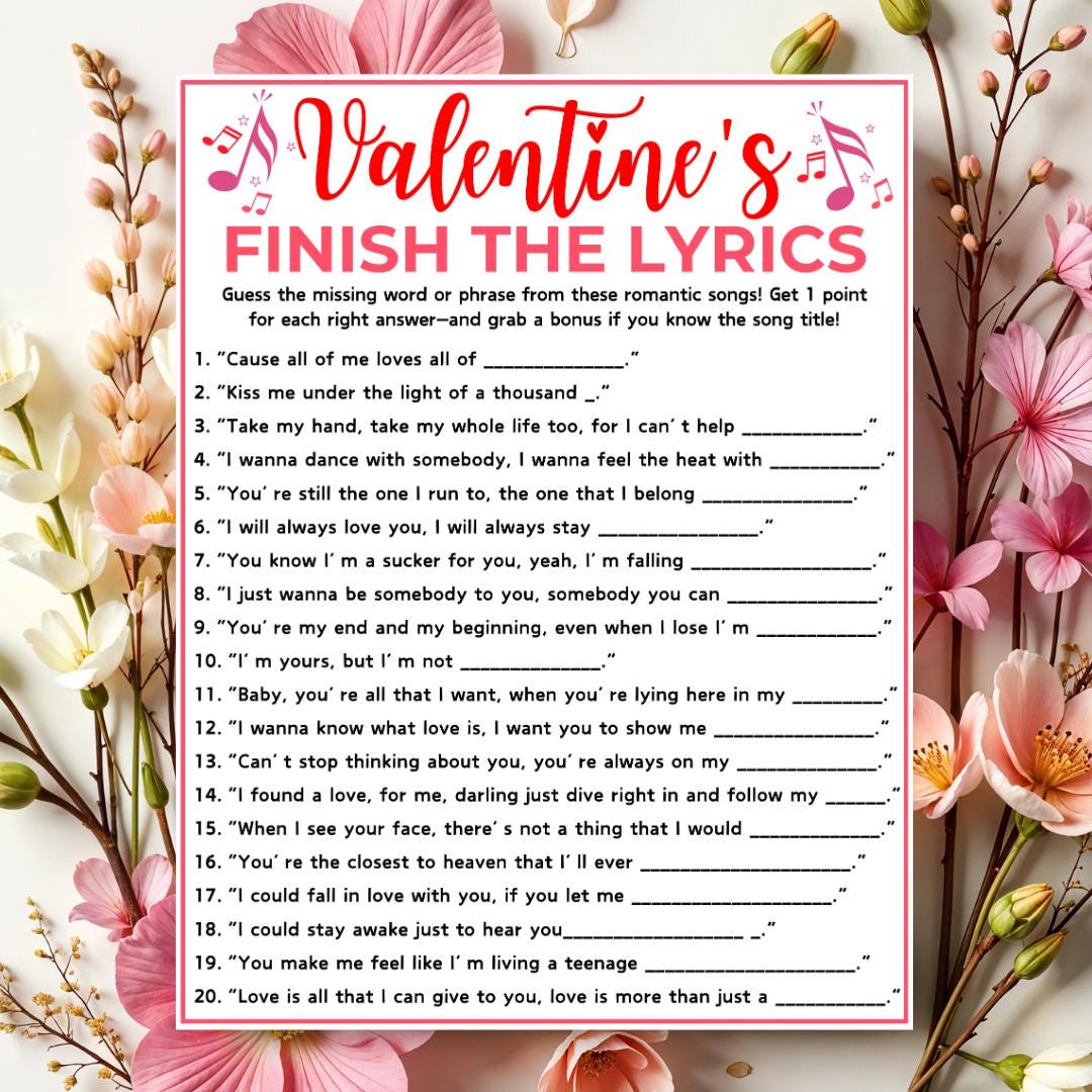 Printable Finish the Lyrics Game, Valentines Games, Valentine Party ...