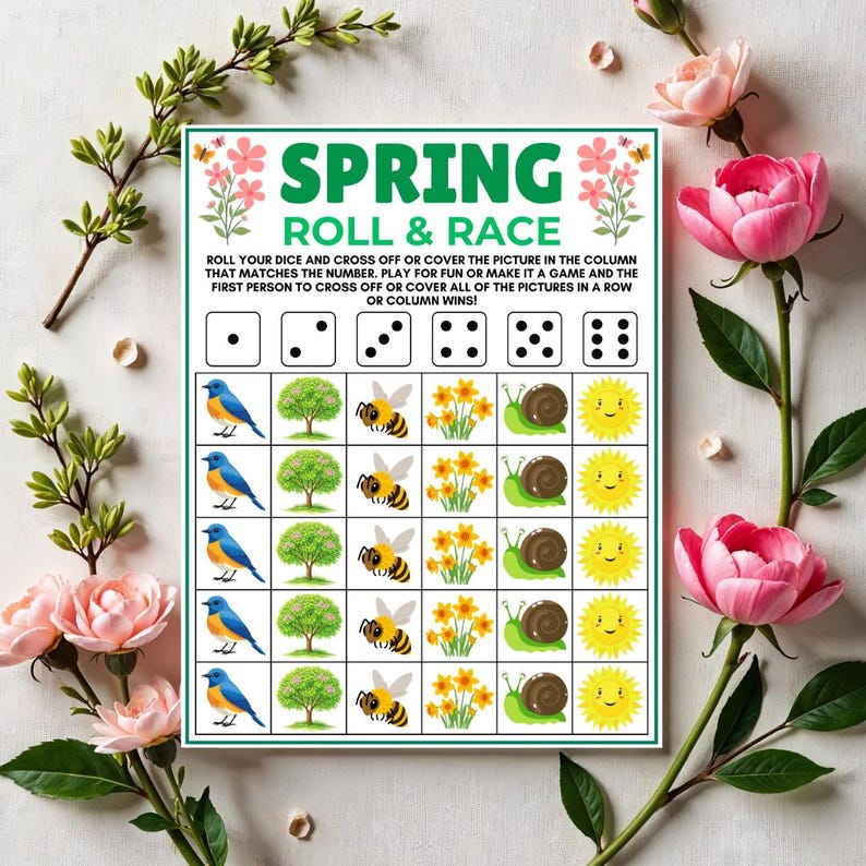 Spring Roll and Race Game, Printable Spring Dice Game for Kids & Adults ...