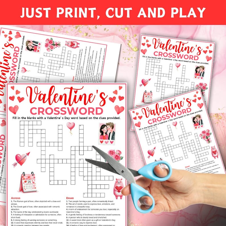 Printable Valentines Day Crossword Puzzle, Valentine Party Game for ...